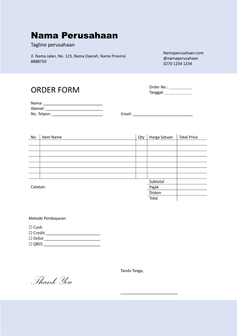 Contoh Order Form Template Gratis, Unduh di Sini! - Plugin Ongkos Kirim