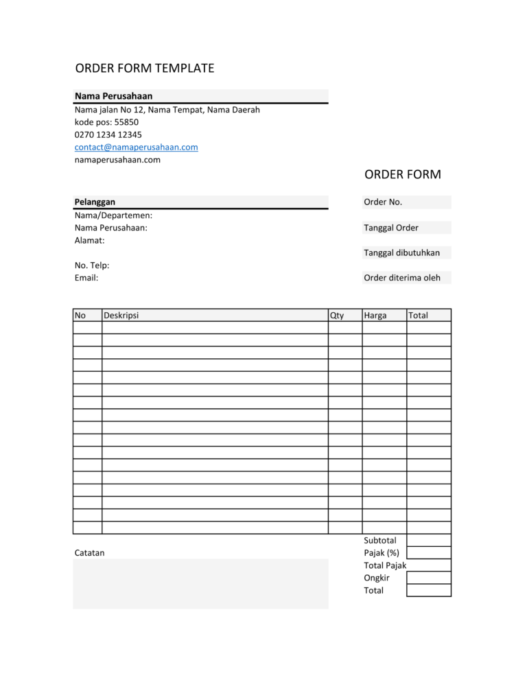 Contoh Order Form Template Gratis, Unduh di Sini! - Plugin Ongkos Kirim